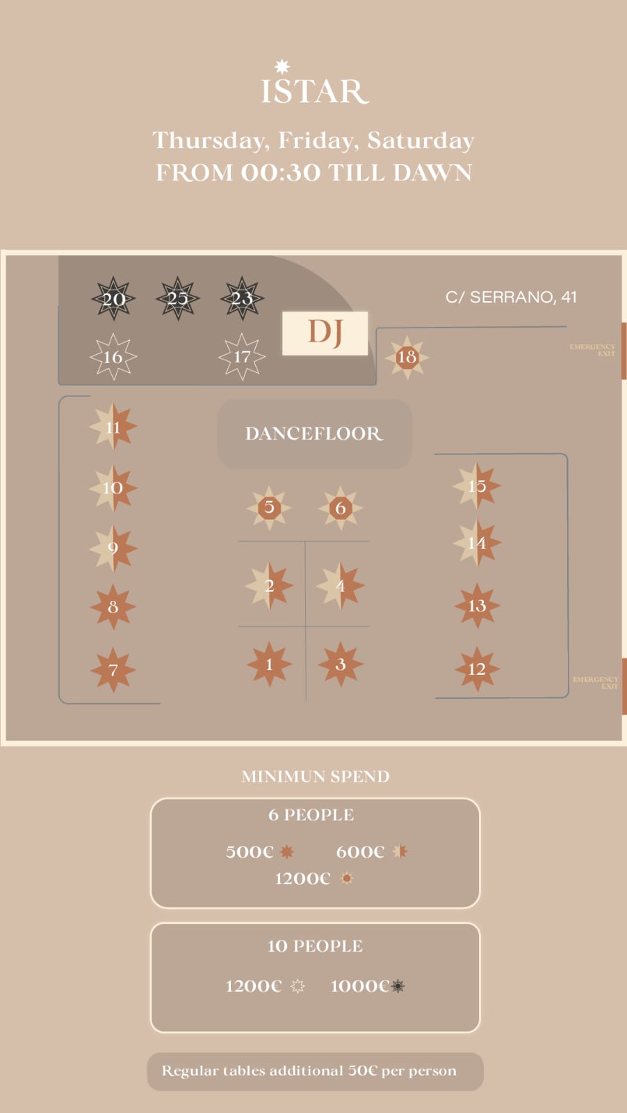 Plano Mesas VIP y Carta/Menú de Istar Club.